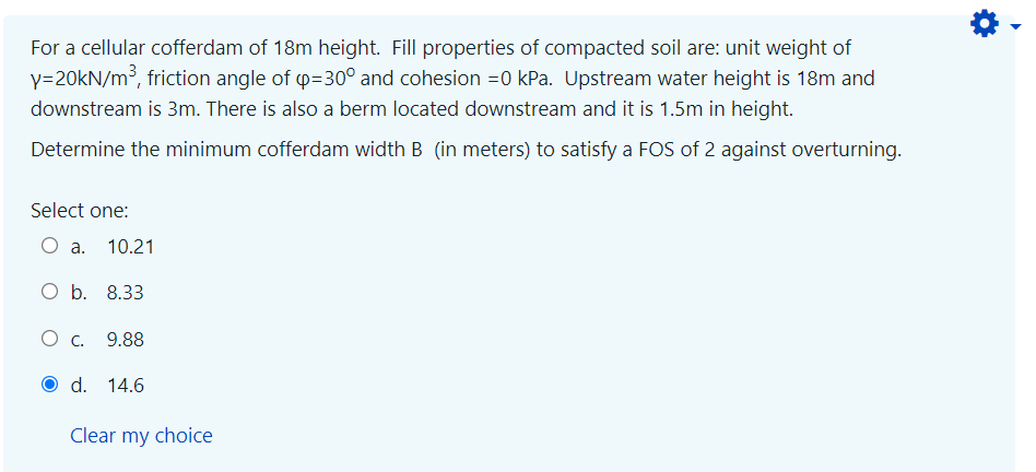 Solved For a cellular cofferdam of 18m height. Fill | Chegg.com