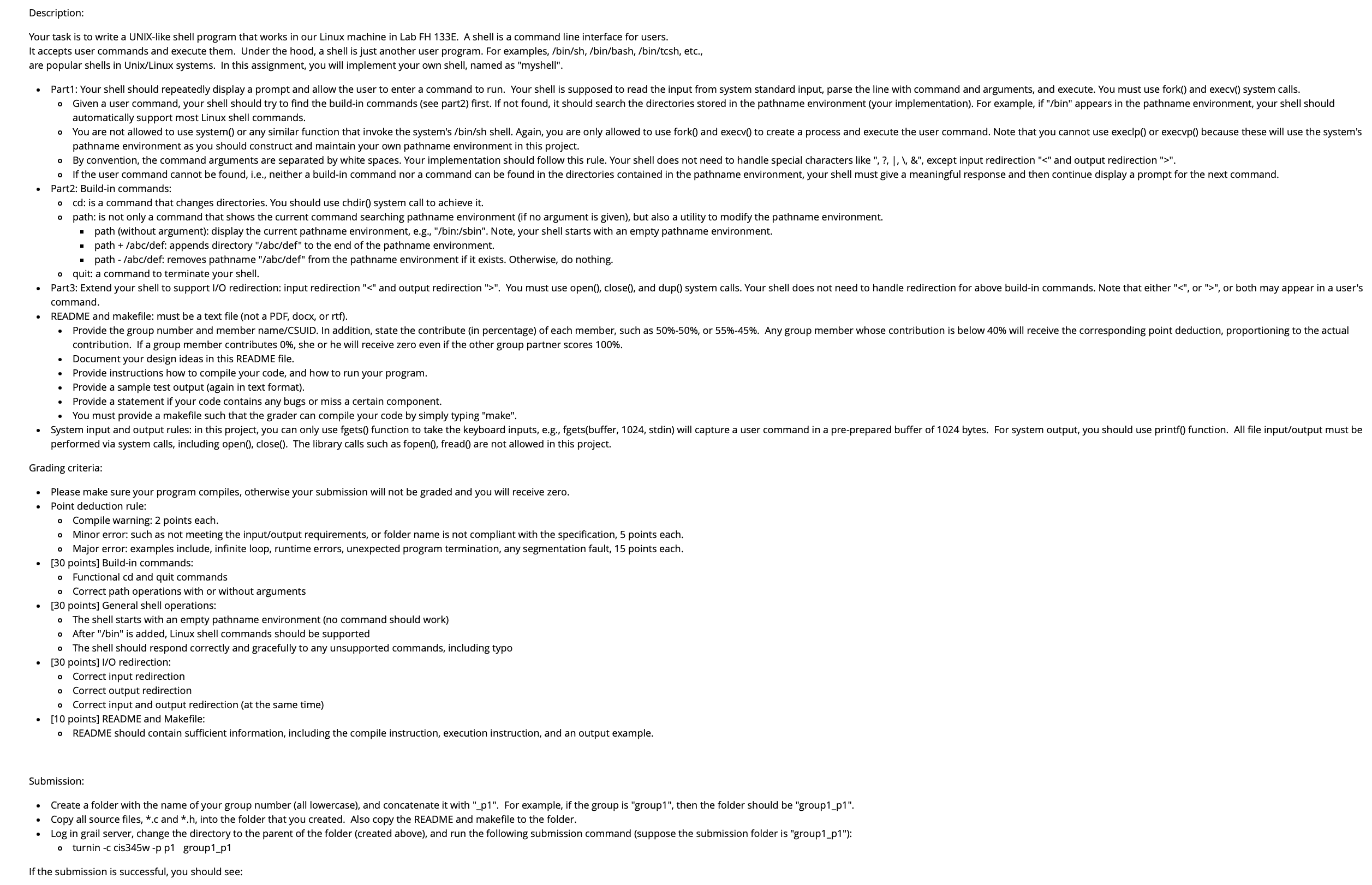 Solved Description:Your task is to write a UNIX-like shell | Chegg.com