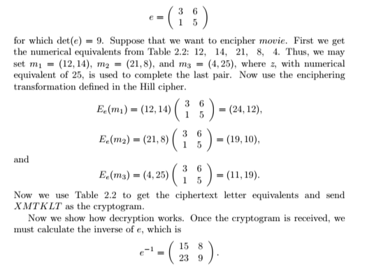 Solved Using the key, e, given in Example 2.6, decipher the | Chegg.com