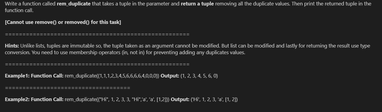 Solved Write a function called rem_duplicate that takes a | Chegg.com