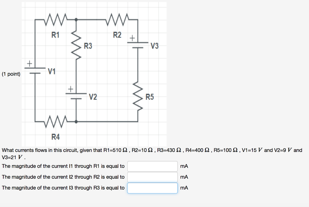 Solved R1 R2 R3 1 point)T V2 R5 R4 What currents flows in | Chegg.com
