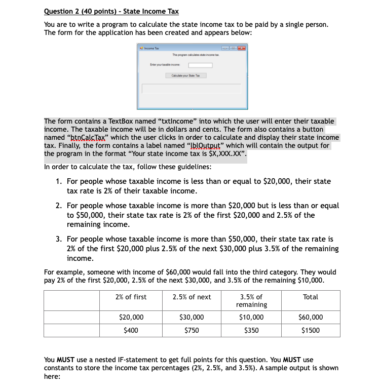 Solved Question 2 (40 points) - State Income Tax You are to | Chegg.com