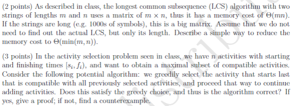 Solved (2 points) As described in class, the longest common | Chegg.com