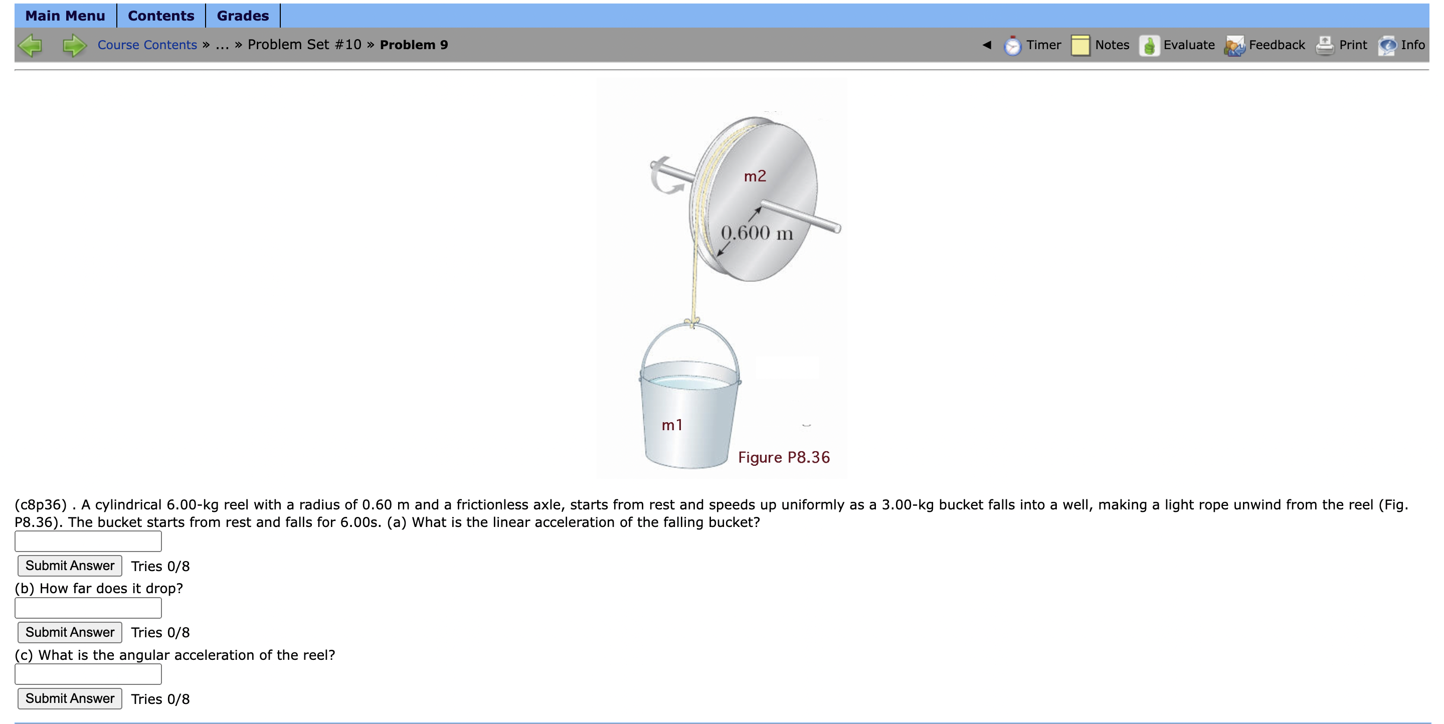 Solved P8.36). ﻿The bucket starts from rest and falls for | Chegg.com