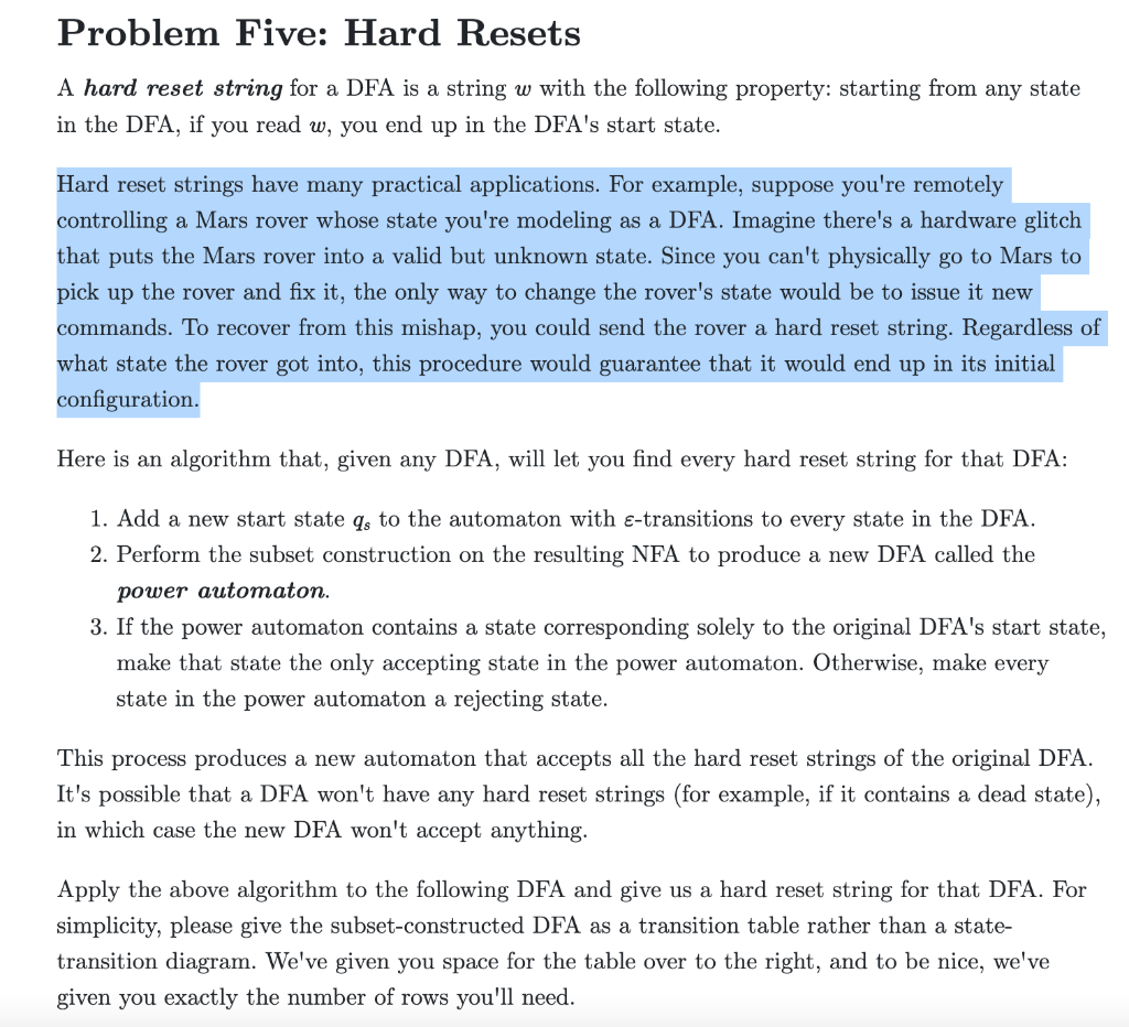 A hard reset string for a DFA is a string w with the | Chegg.com