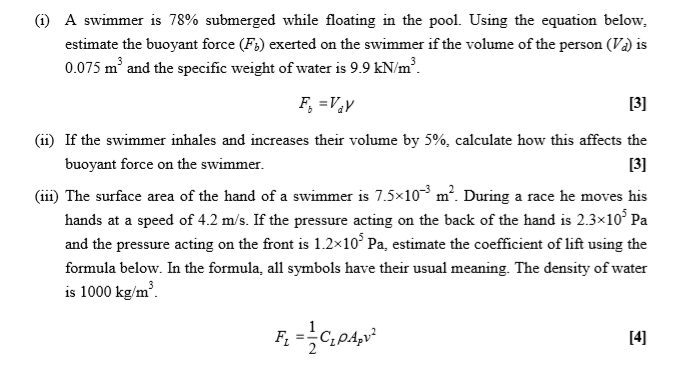 Solved A swimmer is 78% submerged while floating in the | Chegg.com