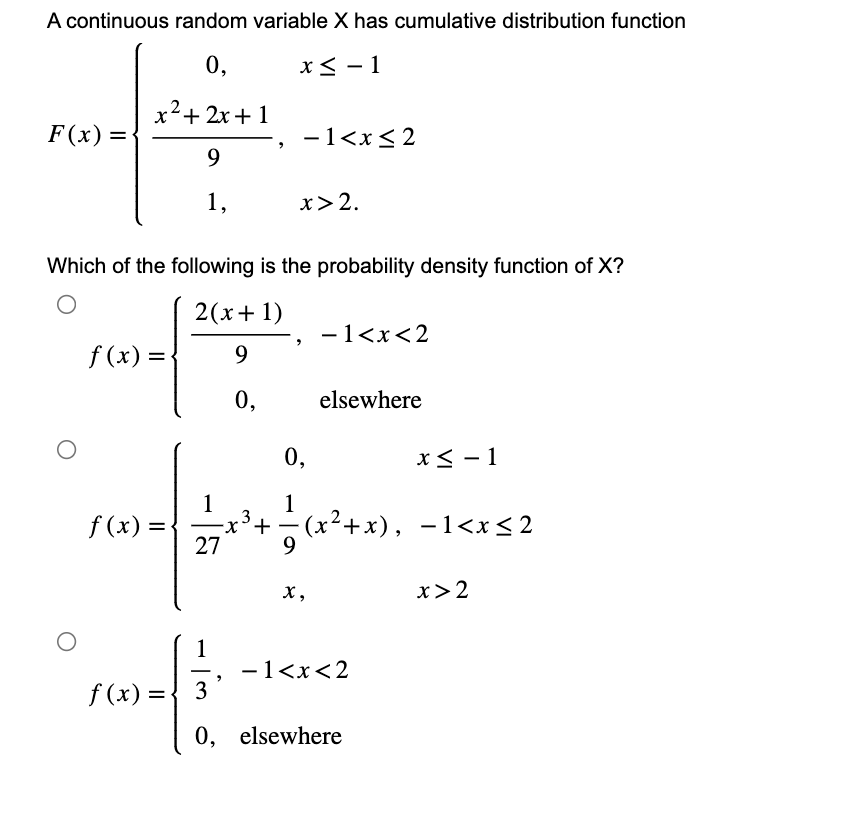 Solved A continuous random variable X has cumulative | Chegg.com