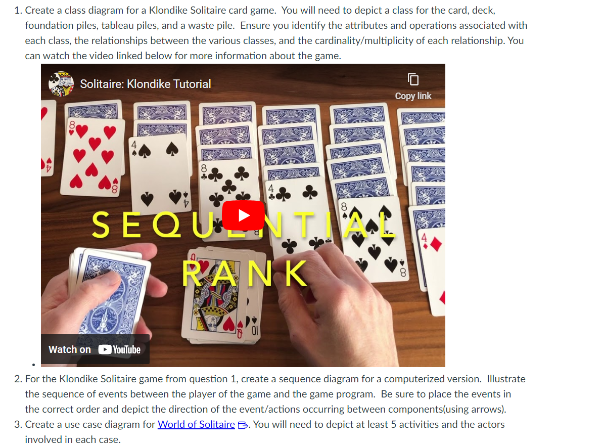 1. Create a class diagram for a Klondike Solitaire | Chegg.com
