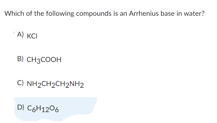 Solved Which of the following compounds is an Arrhenius base | Chegg.com