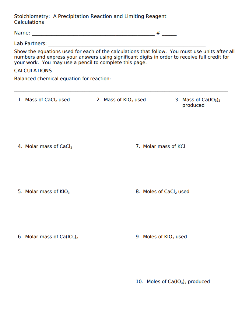 Stoichiometry: A Precipitation Reaction and Limiting | Chegg.com