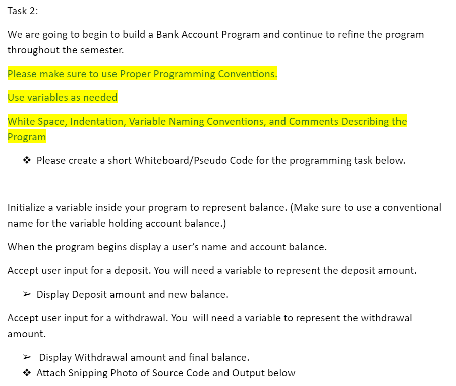 Solved Task 2: We are going to begin to build a Bank Account | Chegg.com