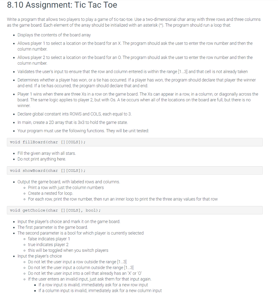 Solved 8.10 Assignment: Tic Tac Toe Write a program that | Chegg.com
