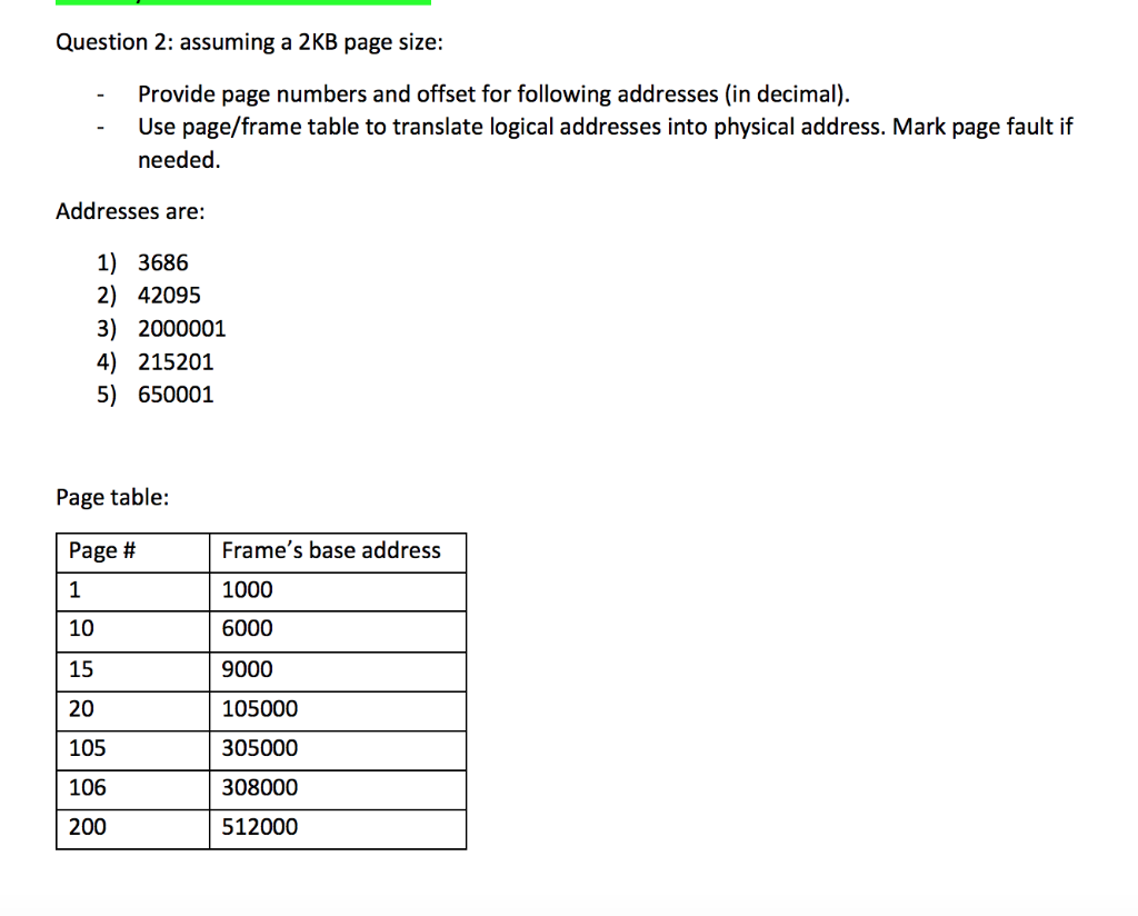 Question 2: assuming a 2KB page size: Provide page | Chegg.com