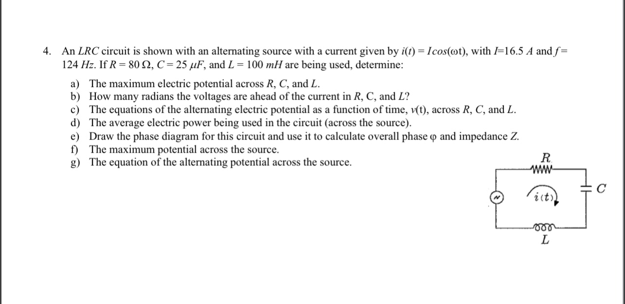 Solved An LRC circuit is shown with an alternating source | Chegg.com