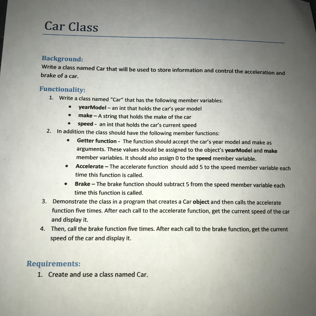 Solved Car Class Background: Write a class named Car that | Chegg.com