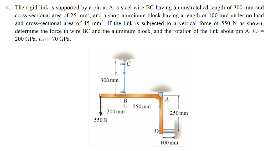Solved 4. The rigid link is supported by a pin at A, a steel | Chegg.com