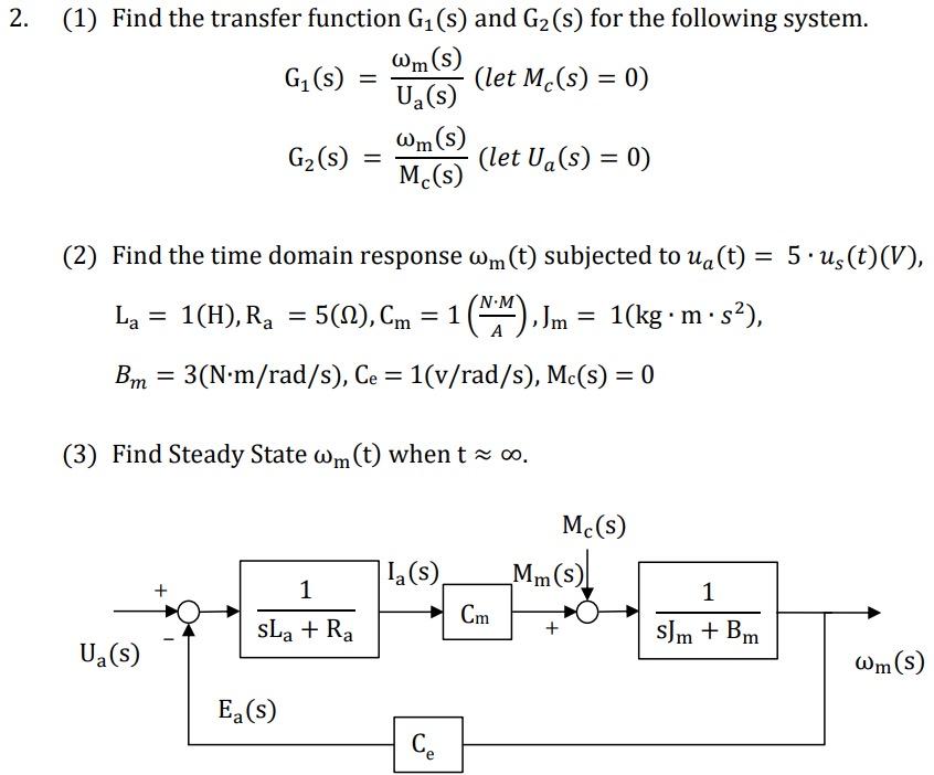 Solved (1) Find the transfer function G1( s) and G2( s) for | Chegg.com