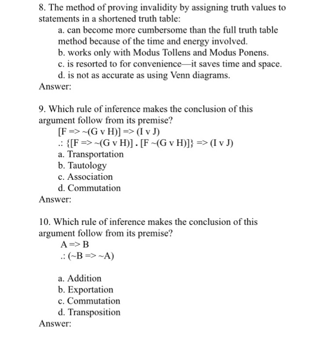 Solved 8. The method of proving invalidity by assigning | Chegg.com