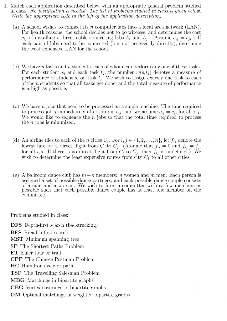 Solved 1. Match each application described below with an | Chegg.com