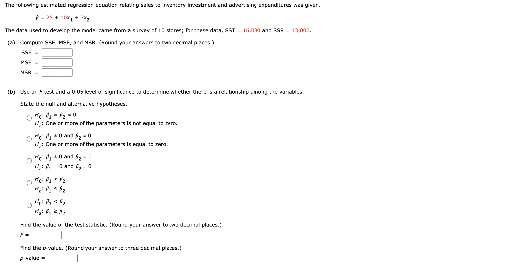 Solved γ^=25+10x1+7x2 data used to develop the model came | Chegg.com