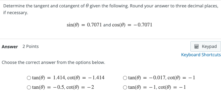 Solved Determine the tangent and cotangent of θ given the | Chegg.com