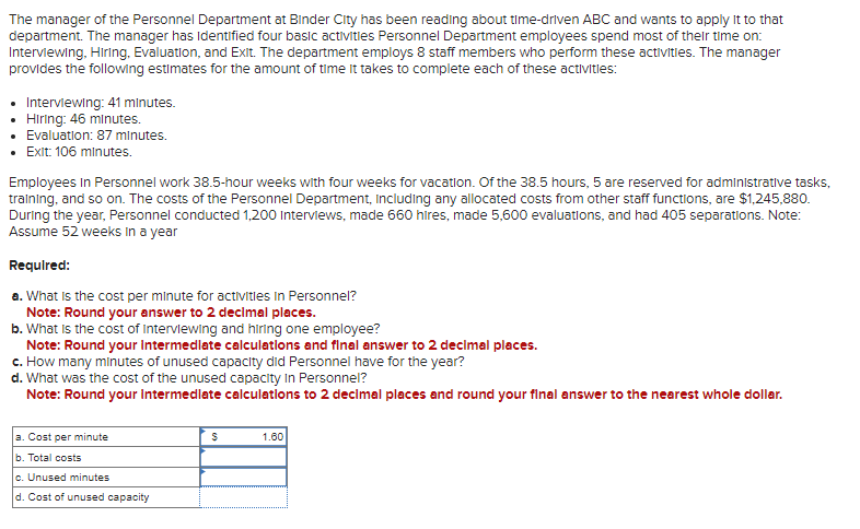 Solved The manager of the Personnel Department at Binder | Chegg.com