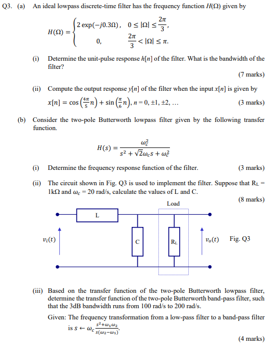 Solved Q3 A An Ideal Lowpass Discrete Time Filter Has The