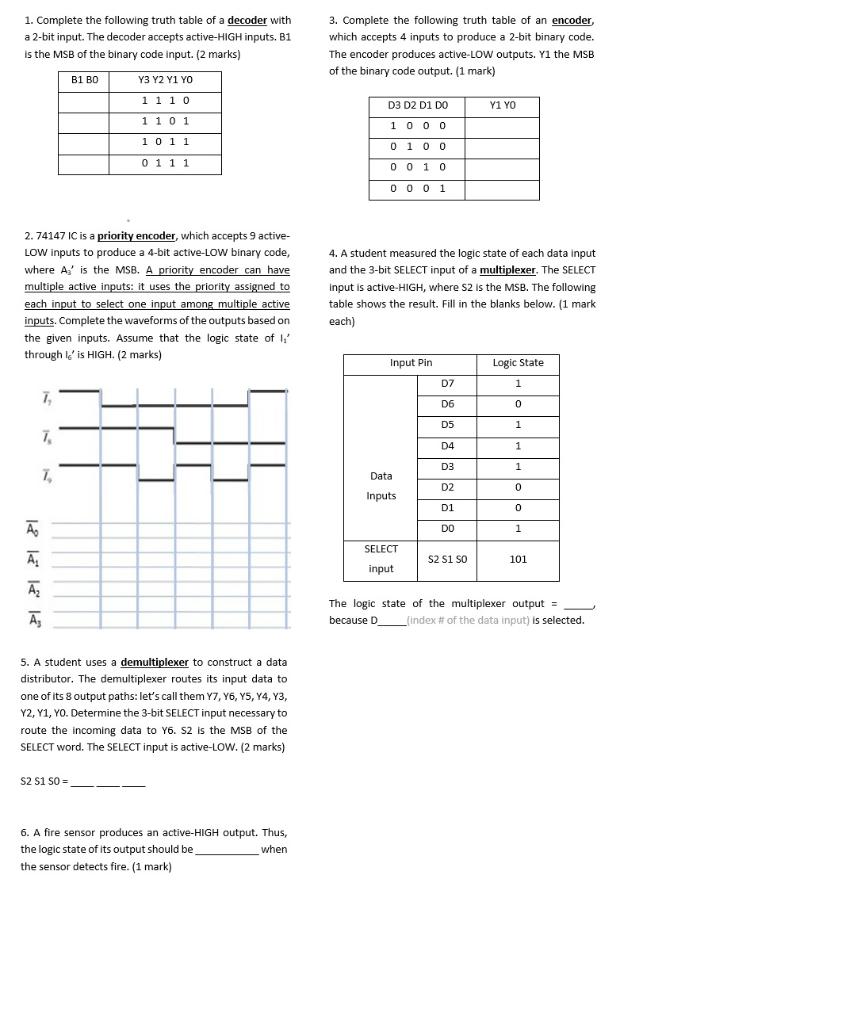 Solved 1. Complete the following truth table of a decoder | Chegg.com