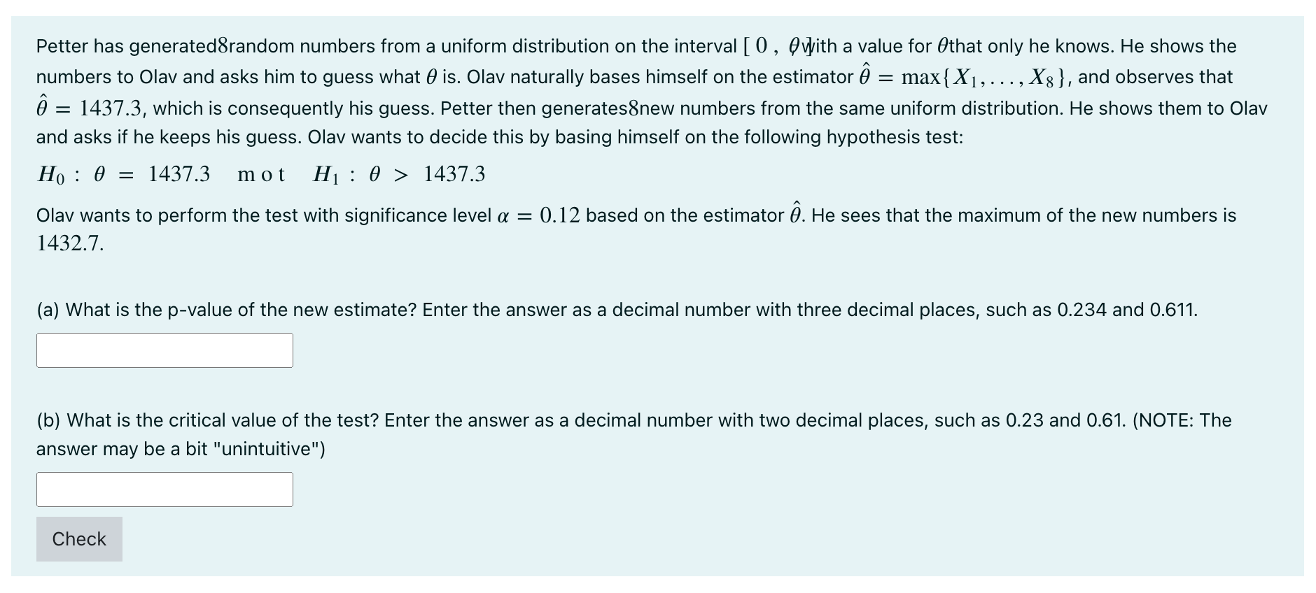 Solved Petter has generated8random numbers from a uniform | Chegg.com