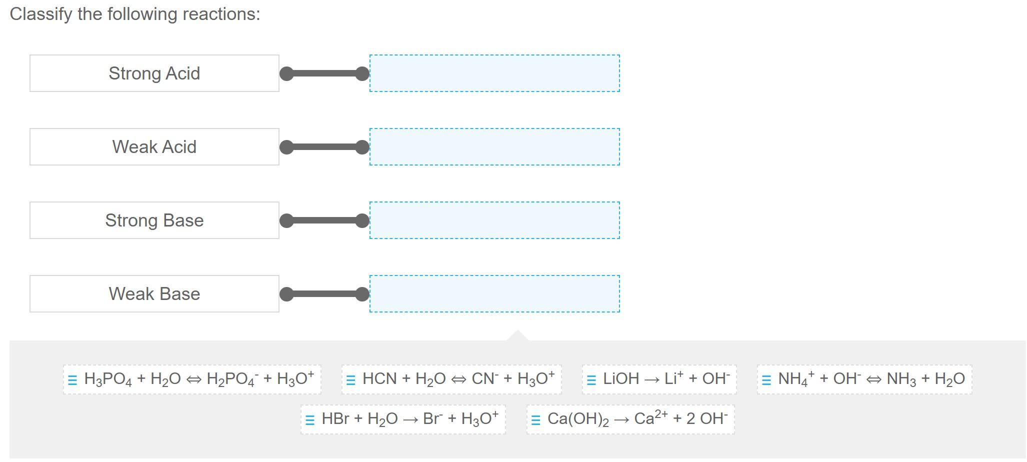 Solved Classify the following reactions: Strong Acid Weak | Chegg.com