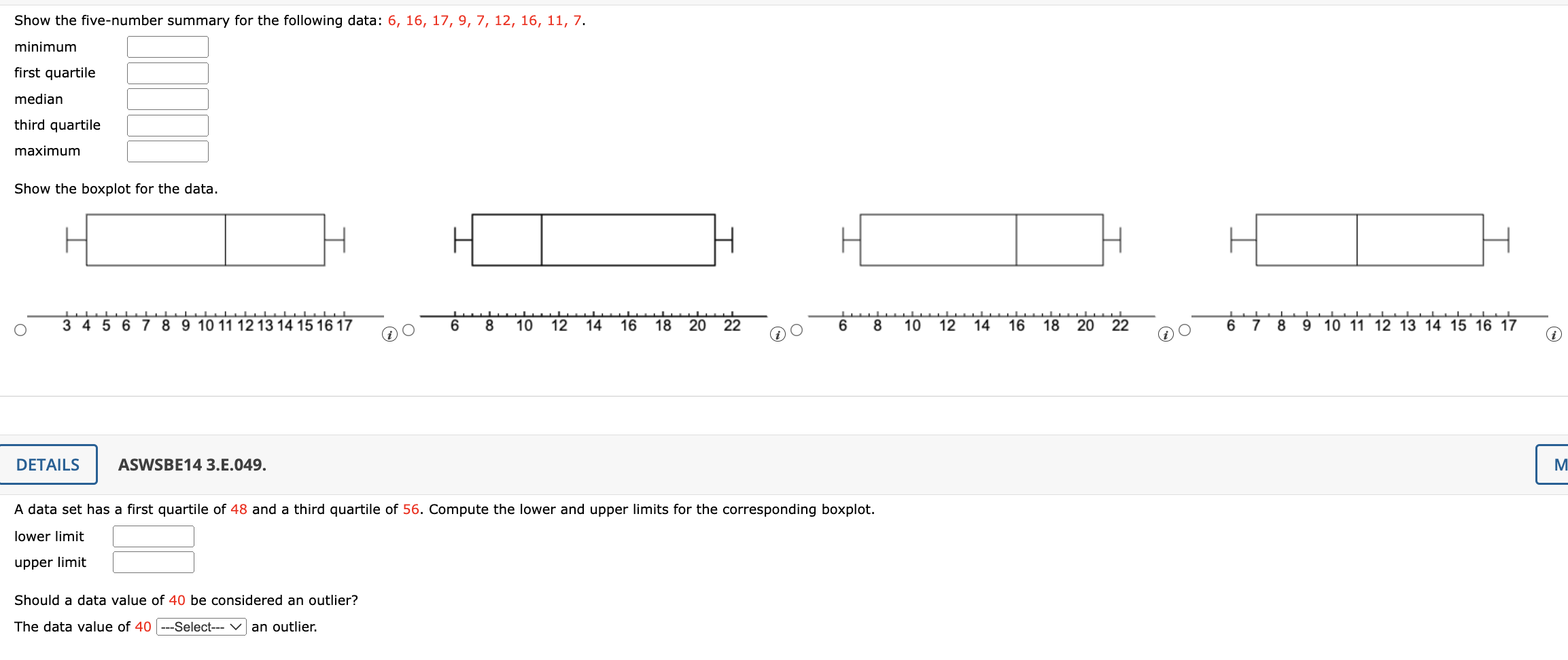 Solved ASWSBE14 3.E.049. A data set has a first quartile of | Chegg.com