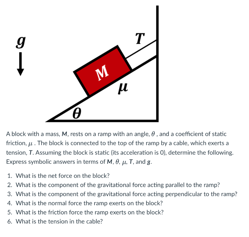 Solved g T M и A block with a mass, M, rests on a ramp with | Chegg.com