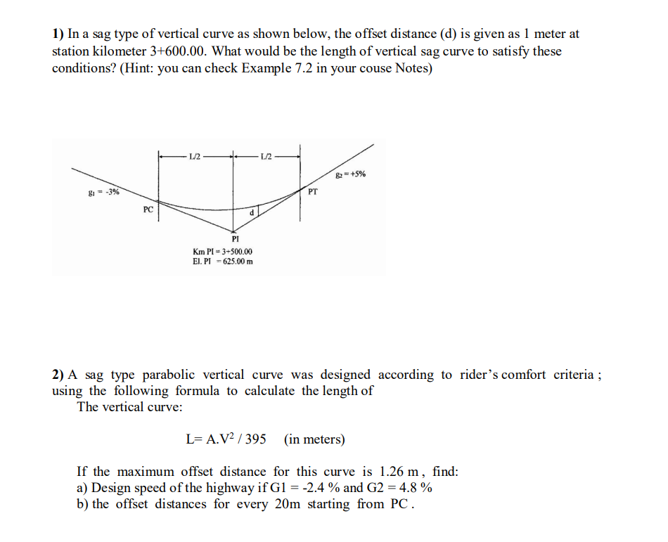 Solved In a sag type of vertical curve as shown below, the | Chegg.com
