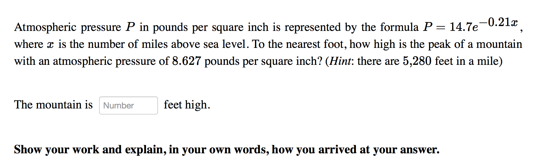 Solved = 14.7e-0.21% Atmospheric pressure P in pounds per | Chegg.com