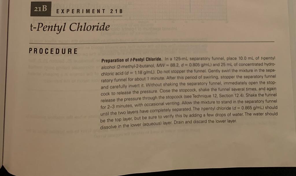 Solved 21B EXPERIMENT 2 1 B t-Pentyl Chloride PROCEDURE | Chegg.com