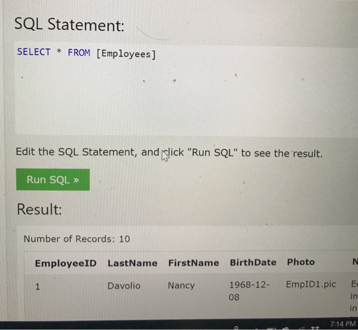 Solved SQL Statement: SELECT * FROM [Employees] Edit the SQL | Chegg.com