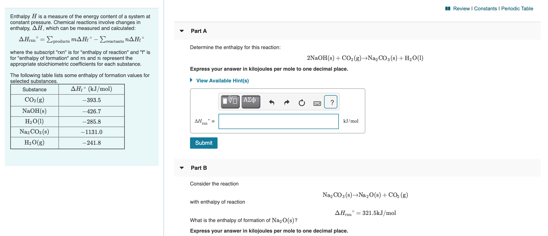 Solved A Review | Constants Periodic Table Enthalpy H is a | Chegg.com