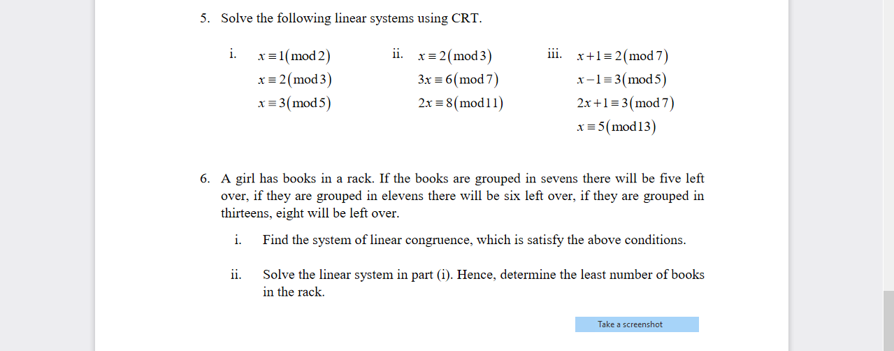 Solved 5. Solve the following linear systems using CRT. i. | Chegg.com