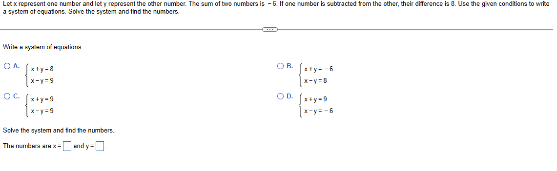 Solved Let x represent one number and let y represent the | Chegg.com