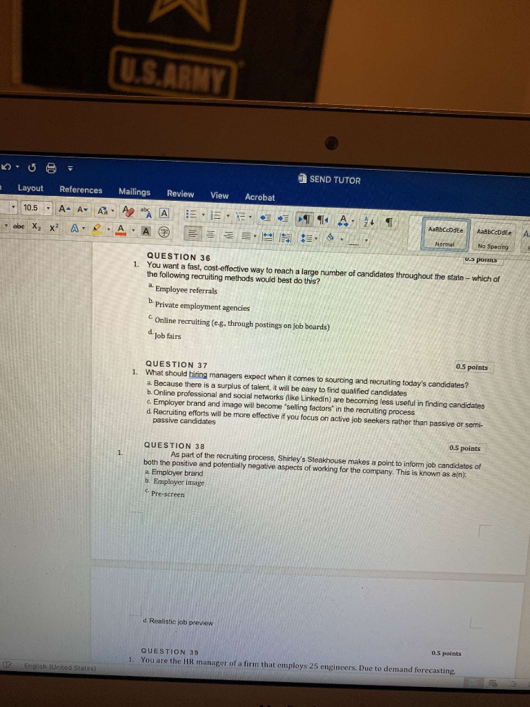 Solved U.S.ARMY SEND TUTOR Layout References Mailings Review | Chegg.com