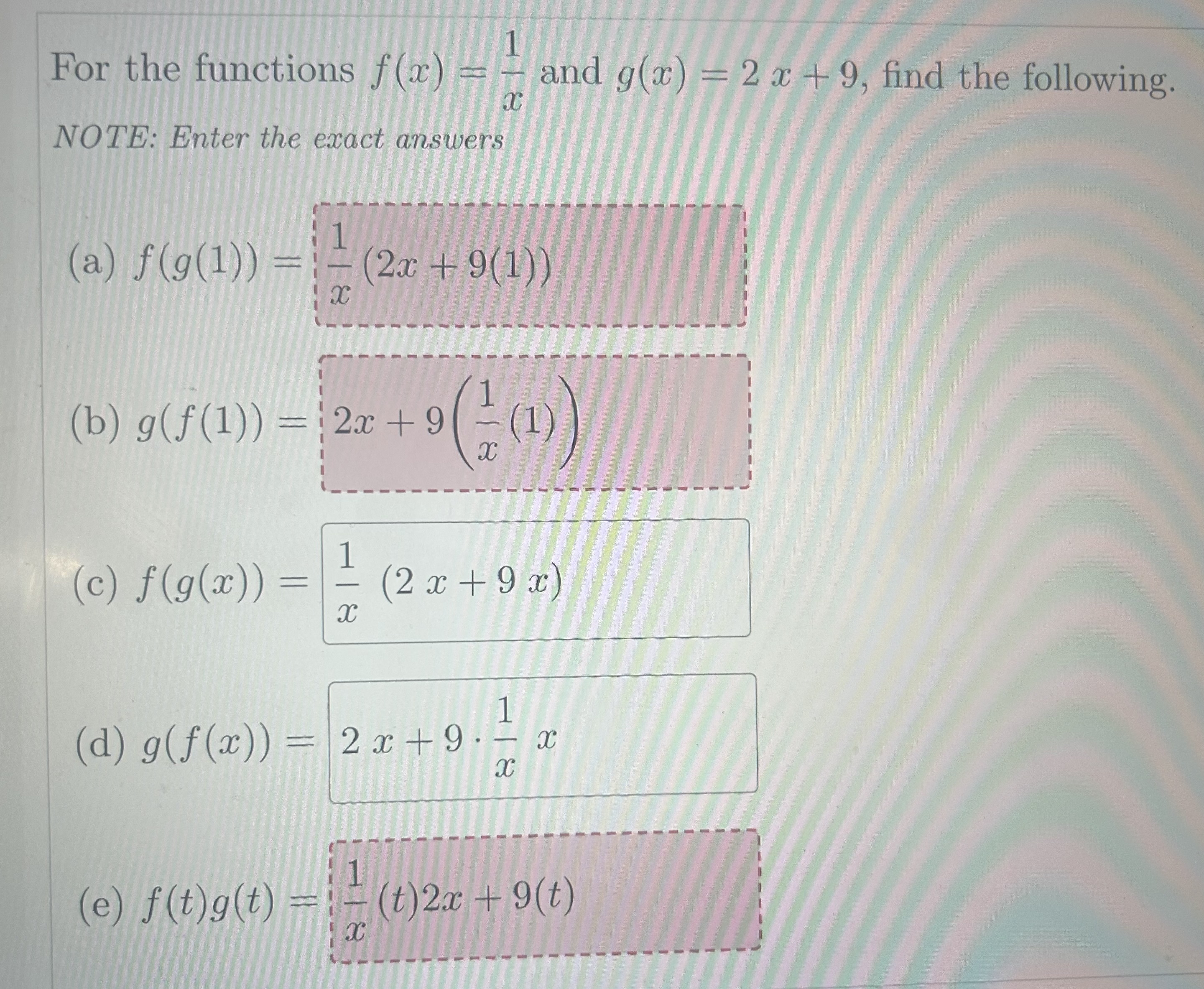 Solved For The Functions F X 1 X And G X 2x 9 Find