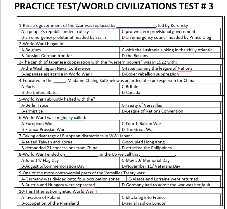 PRACTICE TEST/WORLD CIVILIZATIONS TEST \# 3 | Chegg.com