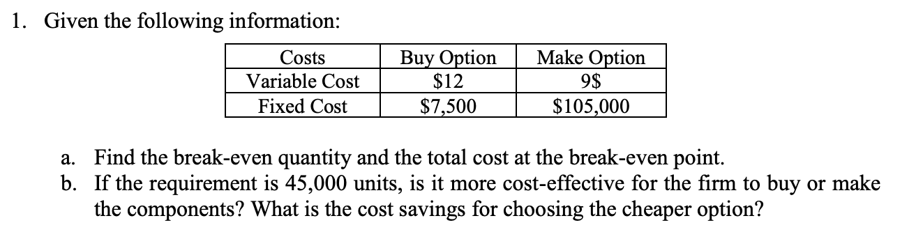Solved 1. Given the following information: Make Option Costs | Chegg.com