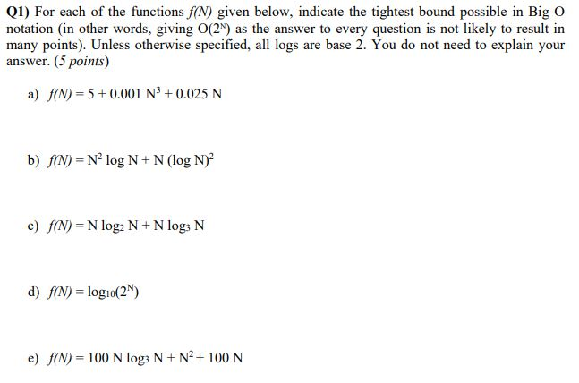 Solved Q1) For each of the functions f(N) given below, | Chegg.com