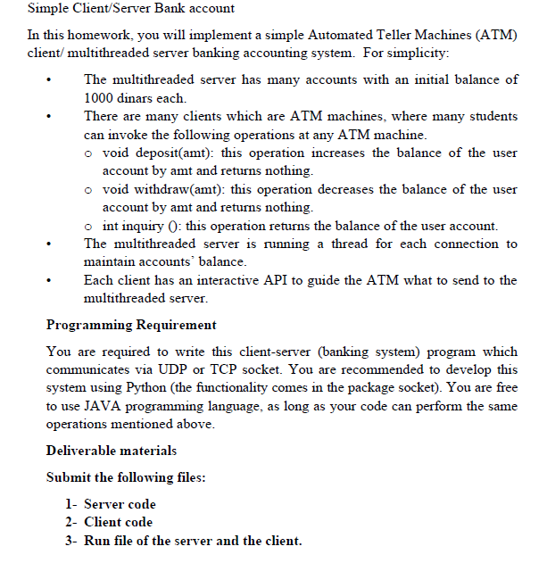 Solved Simple Client/Server Bank account In this homework, | Chegg.com