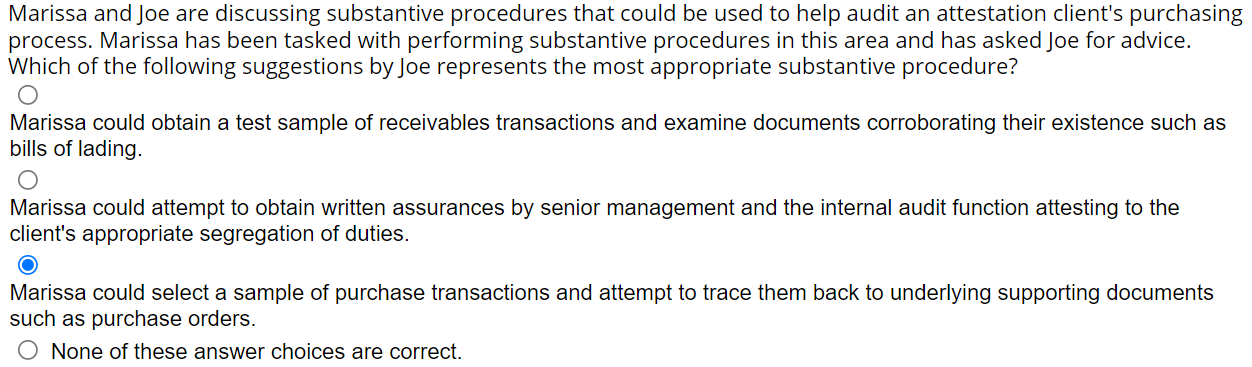 Solved Marissa and Joe are discussing substantive procedures | Chegg.com