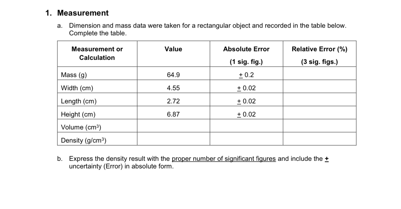Solved 1. Measurement a. Dimension and mass data were taken | Chegg.com