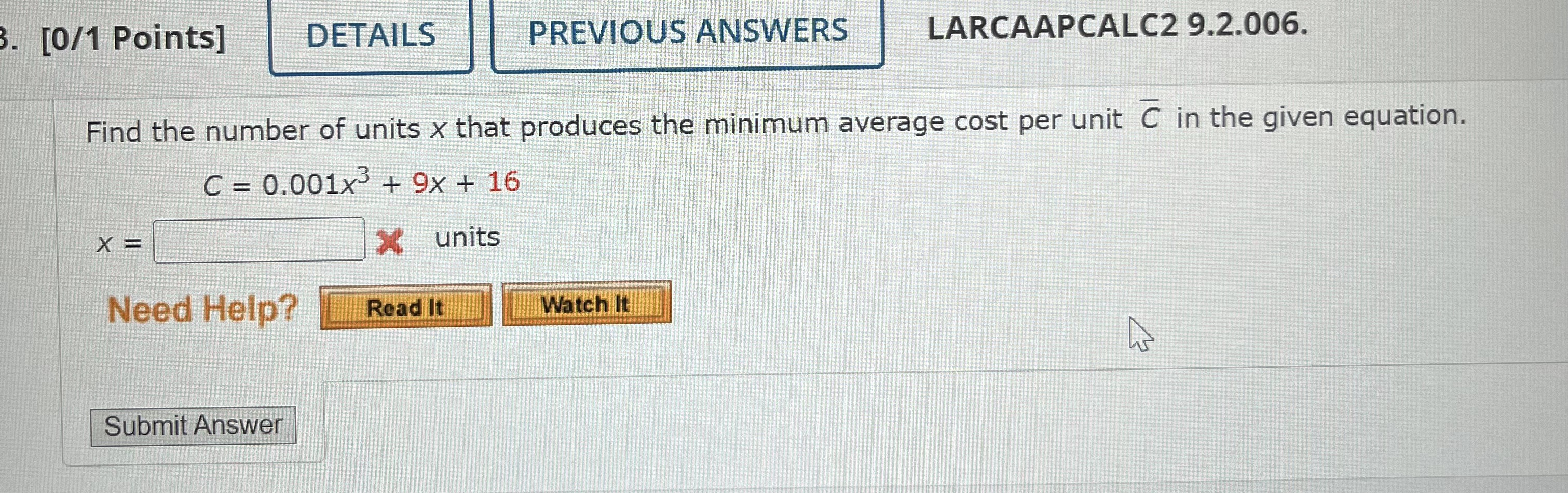 Find the number of units x ﻿that produces the minimum | Chegg.com