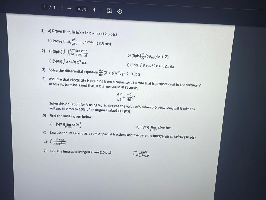 Solved 1) a) Prove that, lnb/x=lnb−lnx(12.5pts) b) Prove | Chegg.com