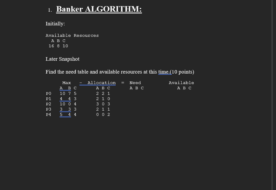Solved 1. Banker ALGORITHM: Initially: Available Resources | Chegg.com